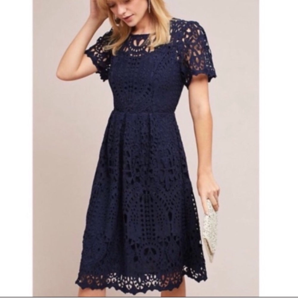 Anthropologie Eri + Ali Navy Eyelit Lace Dress - Gem